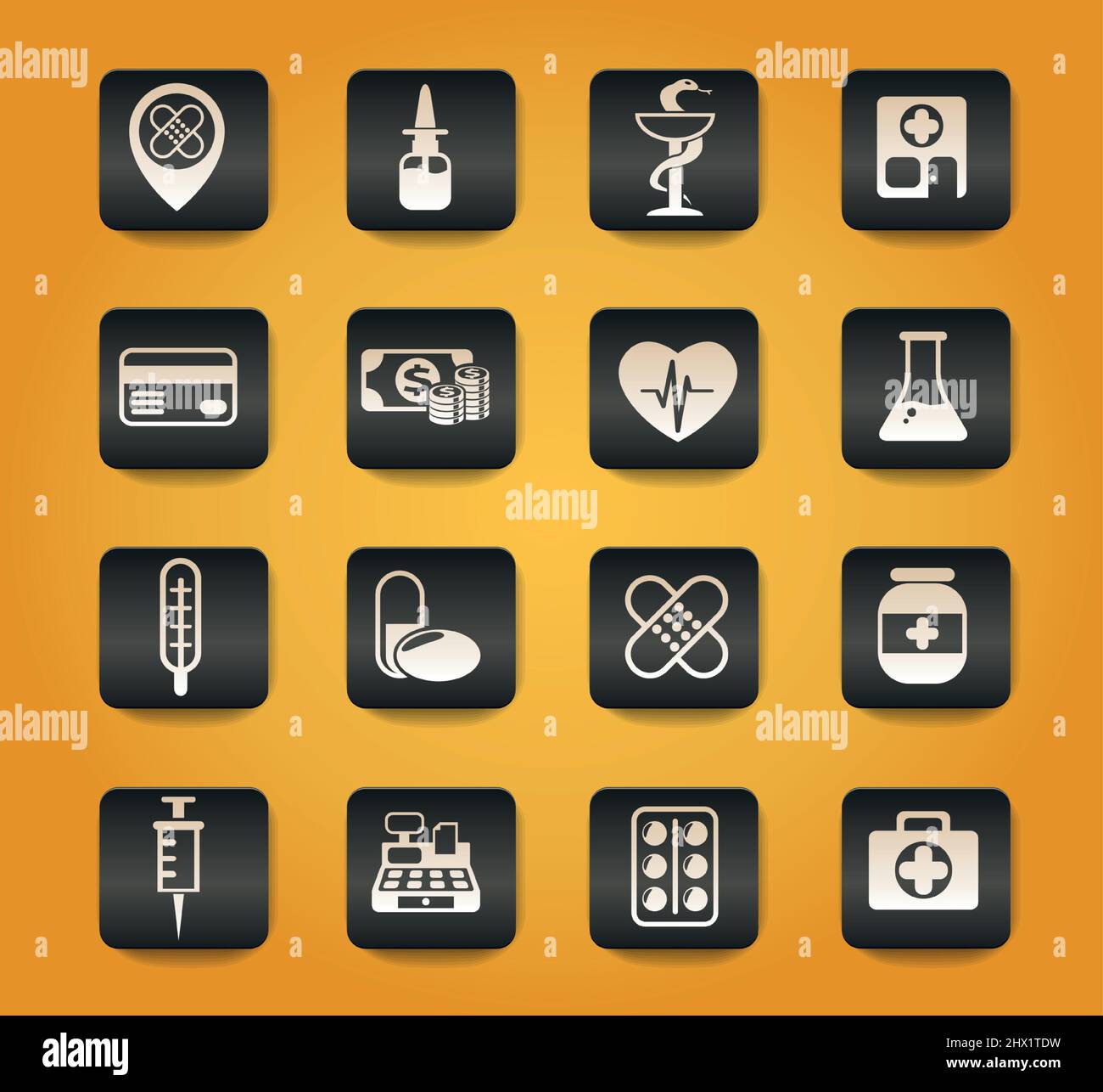 drug store symbols on black buttons on yellow background Stock Vector ...