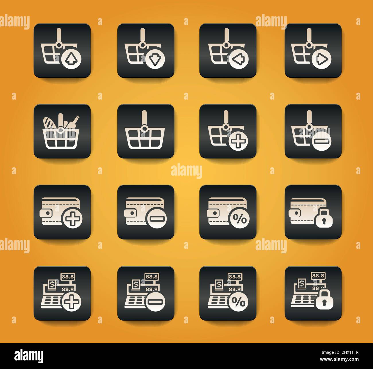 marketing and e-commerce symbols on black buttons on yellow background ...