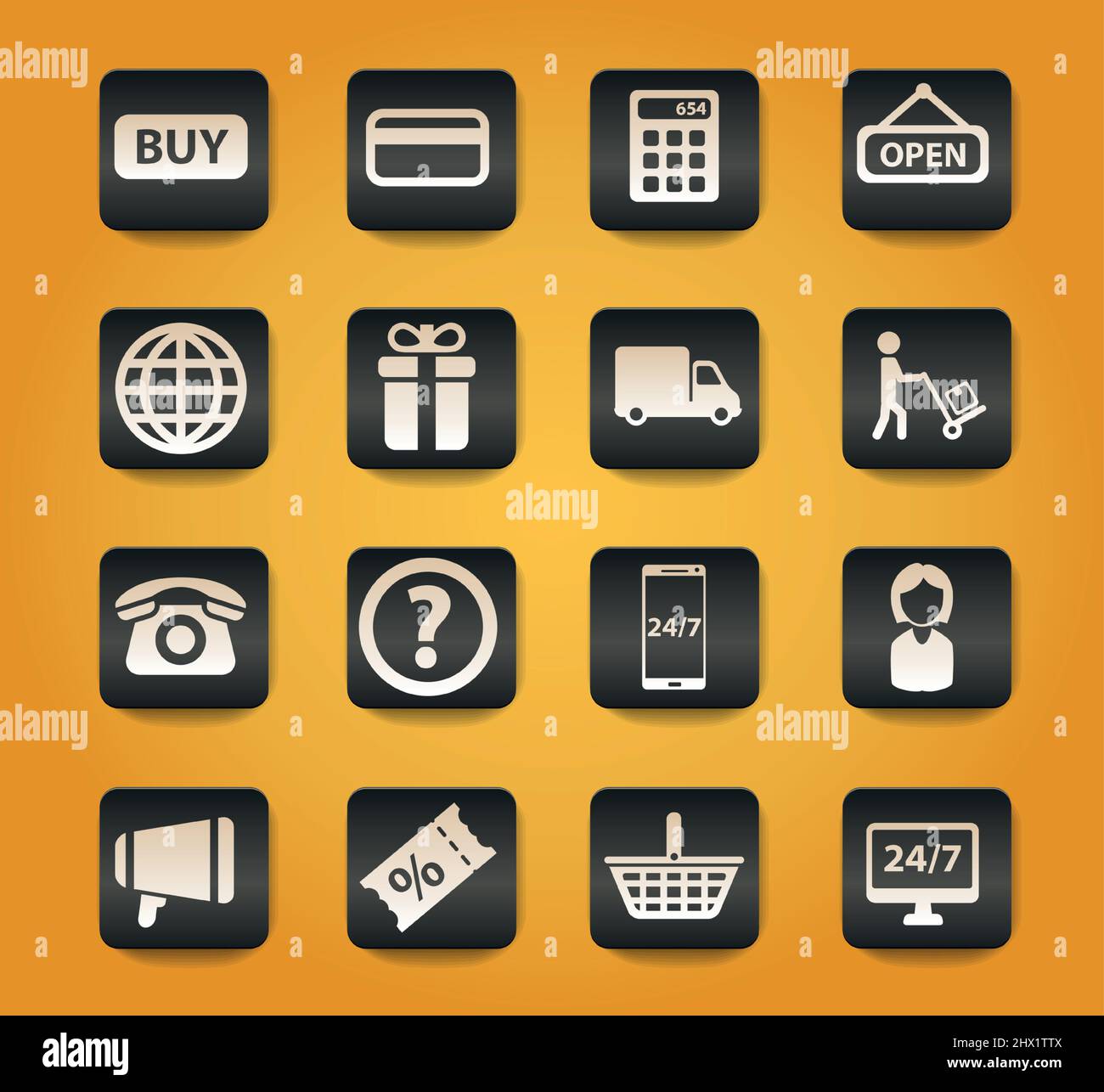 E-commerce symbols on black buttons on yellow background Stock Vector ...