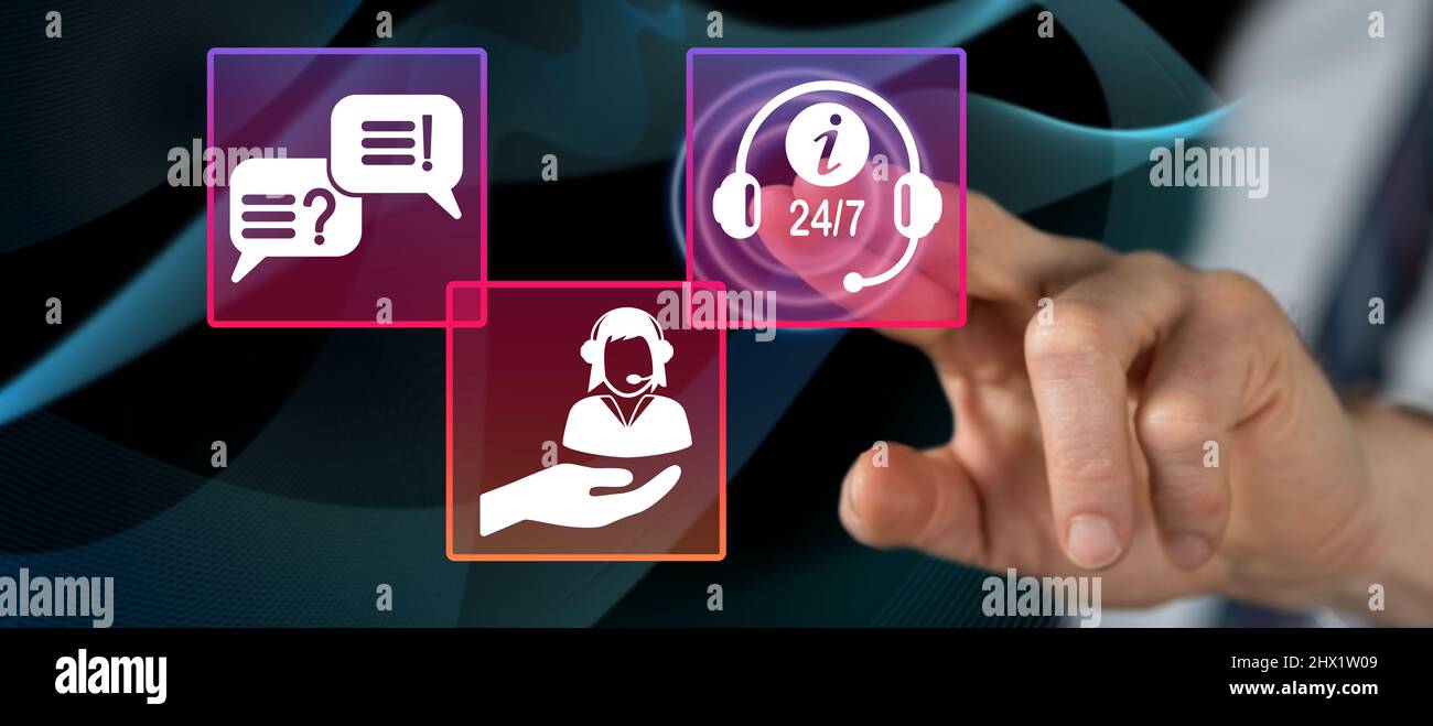 Man touching a customer service concept on a touch screen with his ...