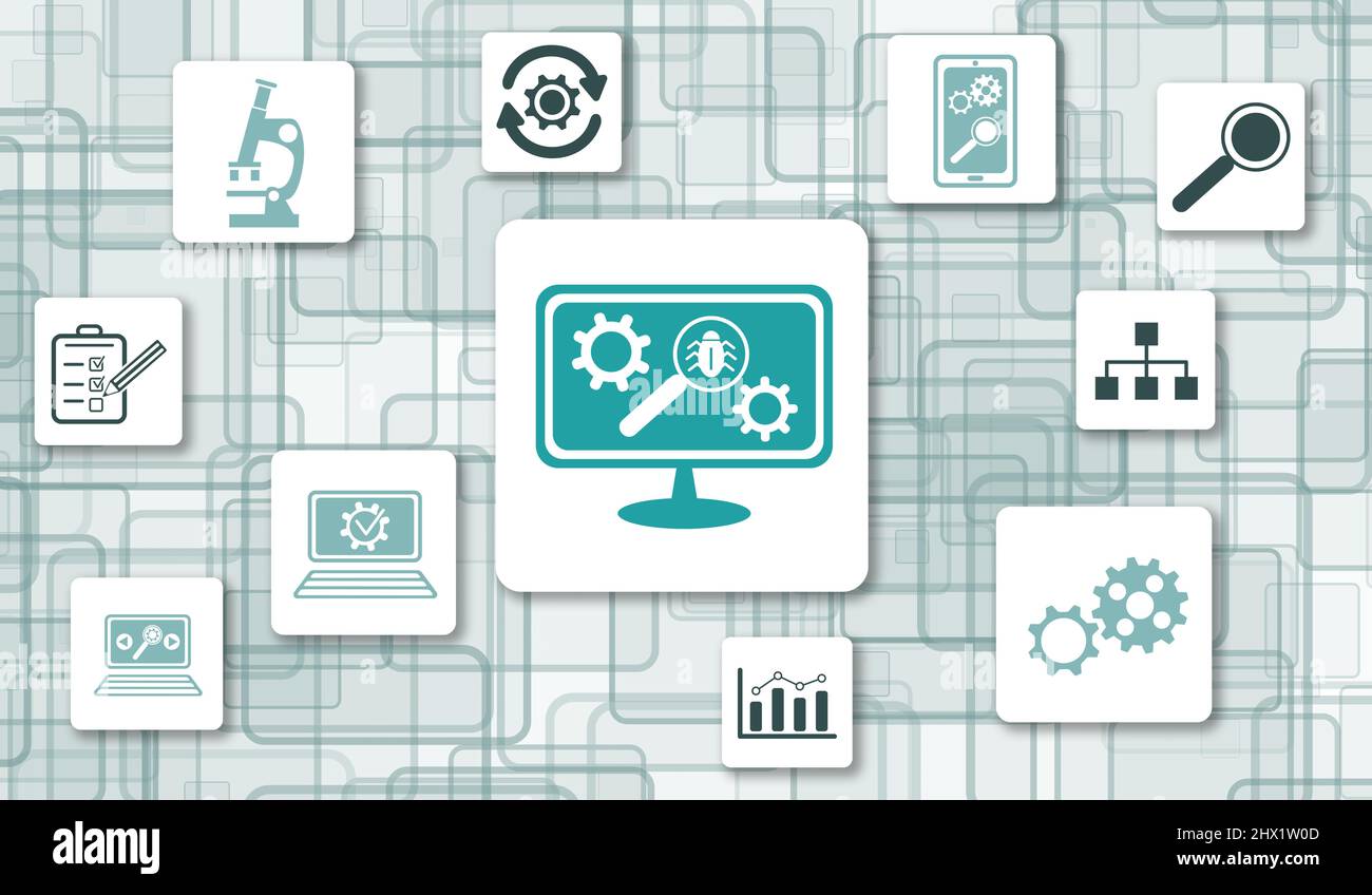Concept of software testing with icons on squares Stock Photo - Alamy