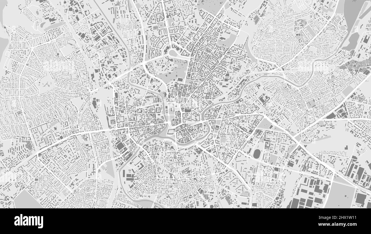White and light grey Kharkiv City area vector background map, roads and ...