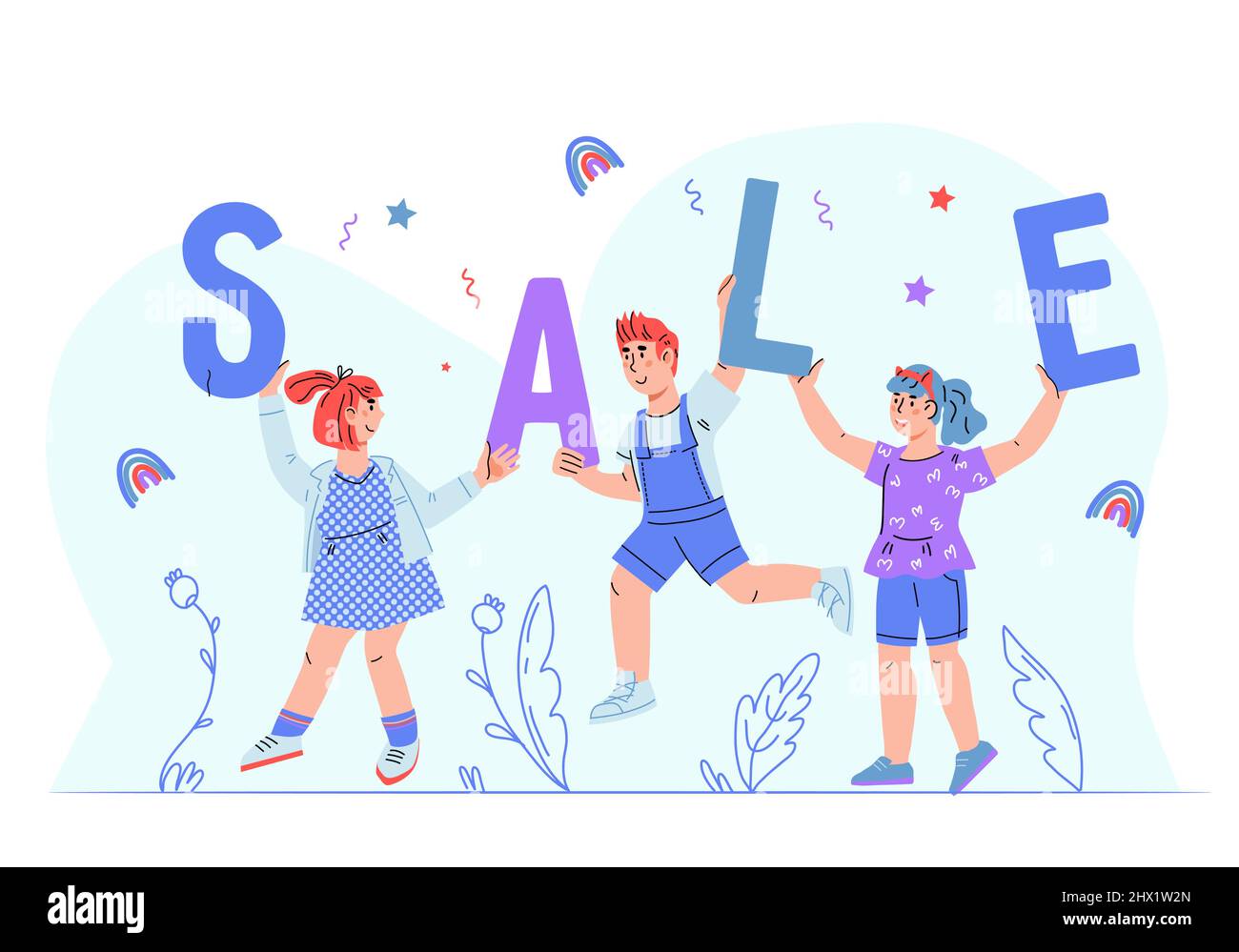 Banner design for children sale event. Happy smiling and jumping kids ...