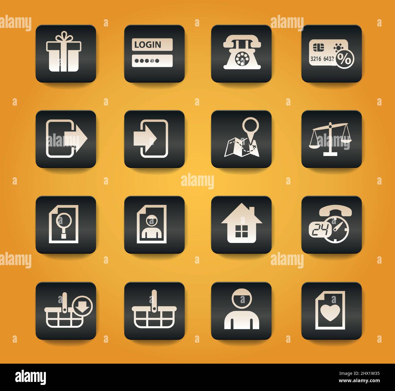 e-commerce interface symbols on black buttons on yellow background ...