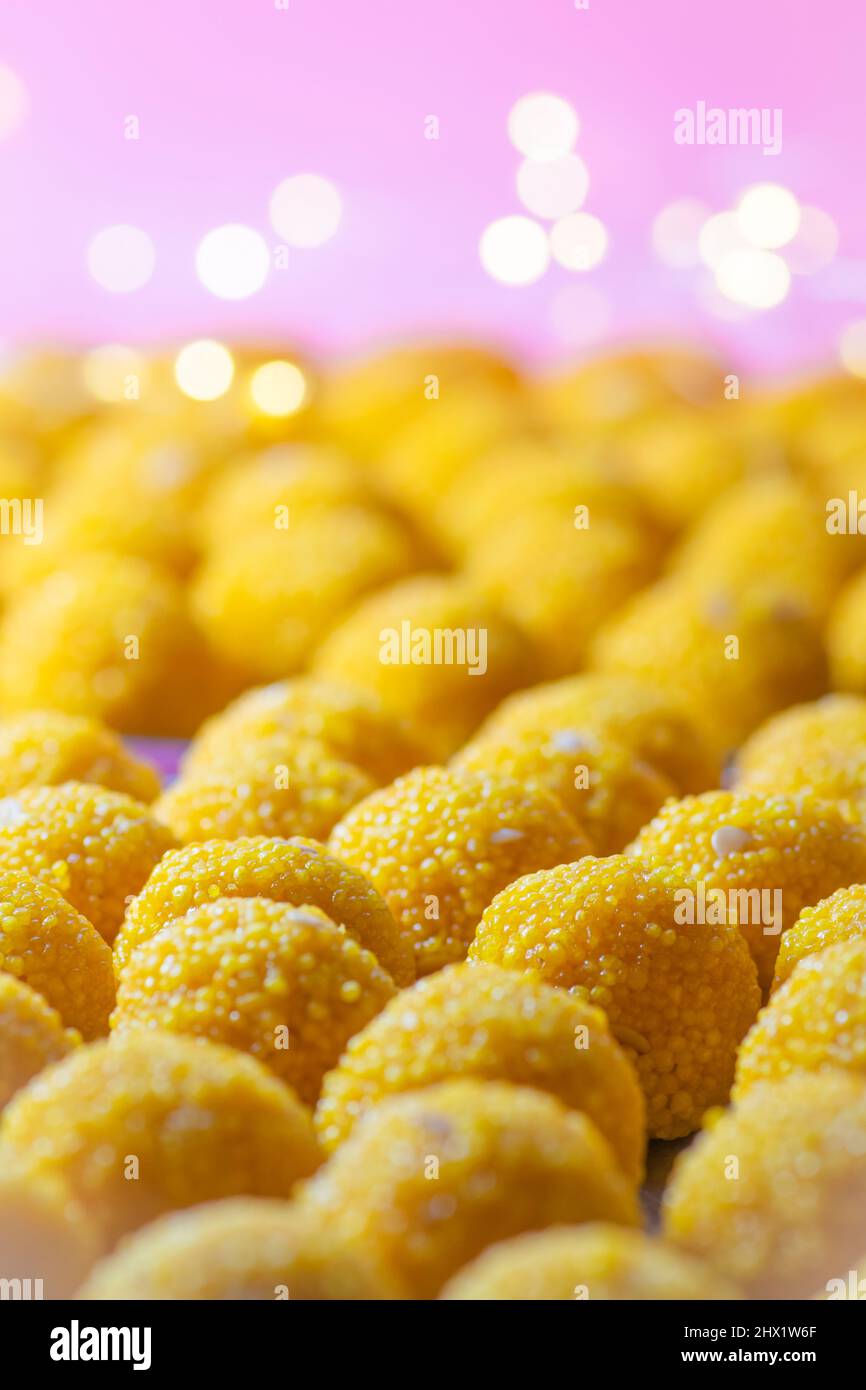 Laddu with bokeh background. Indian famous dessert sweet made during ...