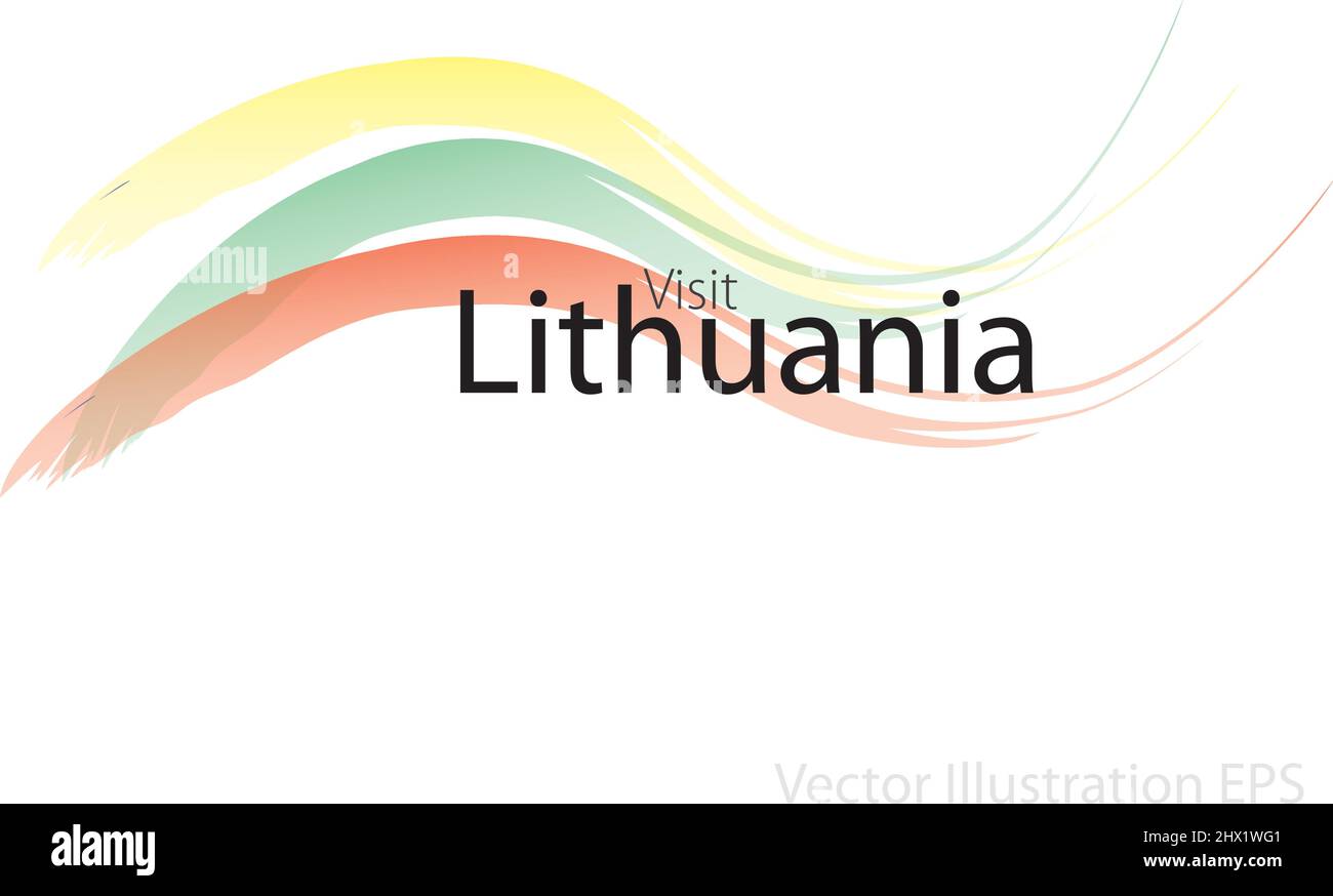 the slogan visit Lithuania with curved waves in watercolor style which ...