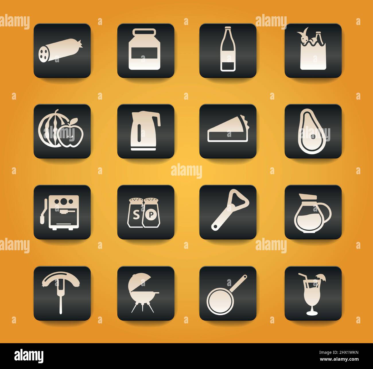 Food and kitchen symbols on black buttons on yellow background Stock ...