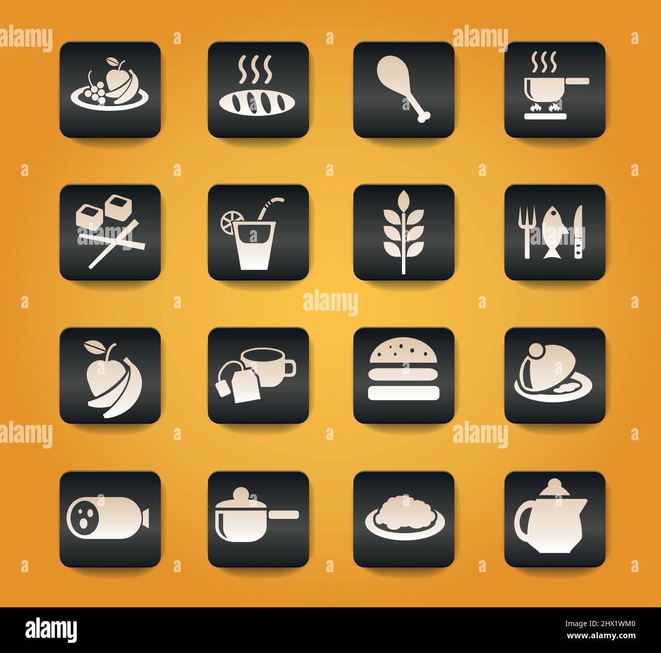 food and kitchen symbols on black buttons on yellow background Stock ...