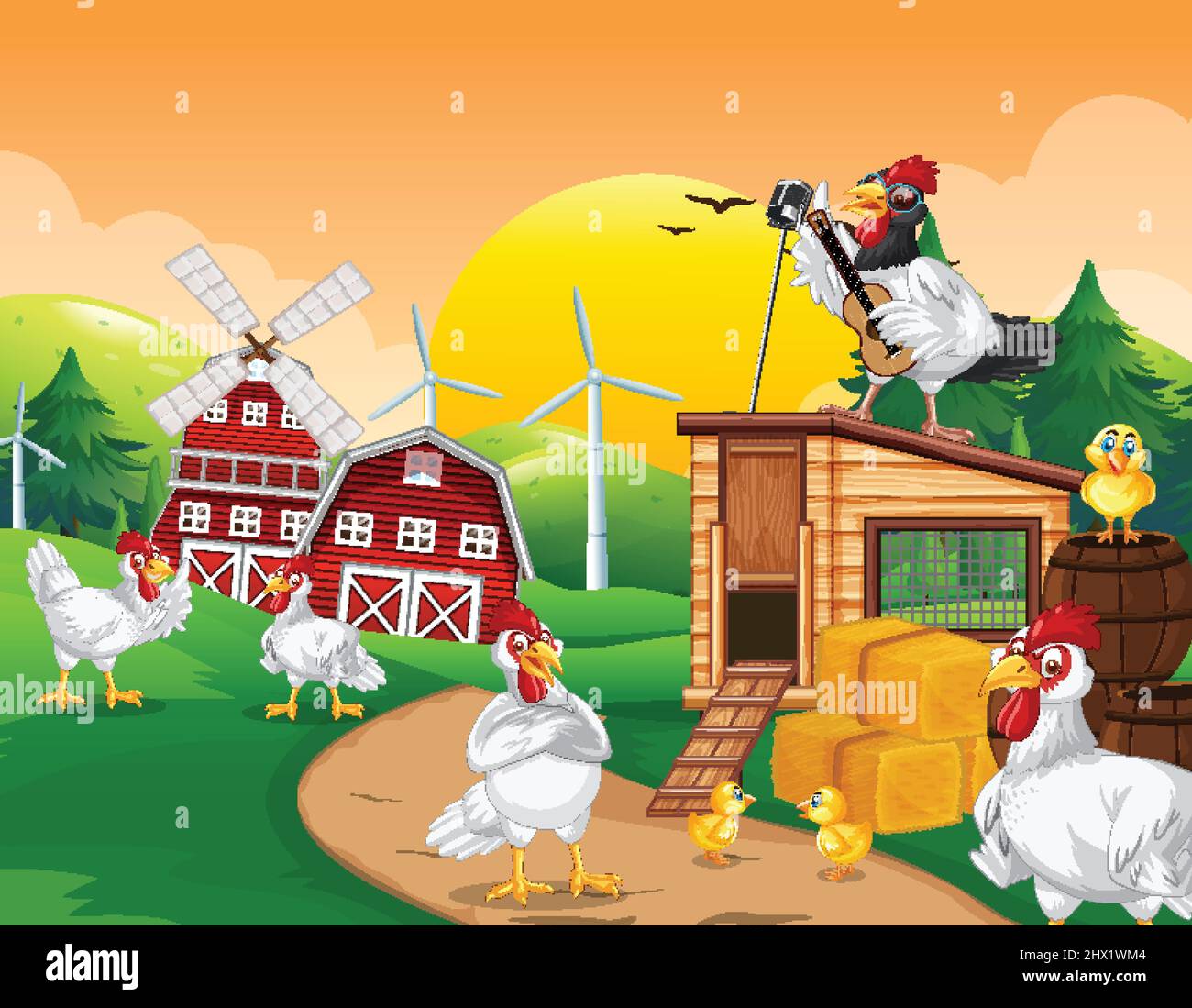 Farm scene with cartoon chickens and chicks illustration Stock Vector ...