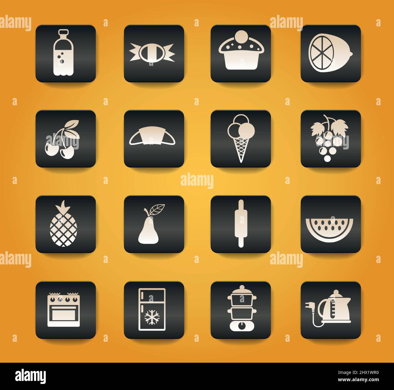 food and kitchen symbols on black buttons on yellow background Stock ...