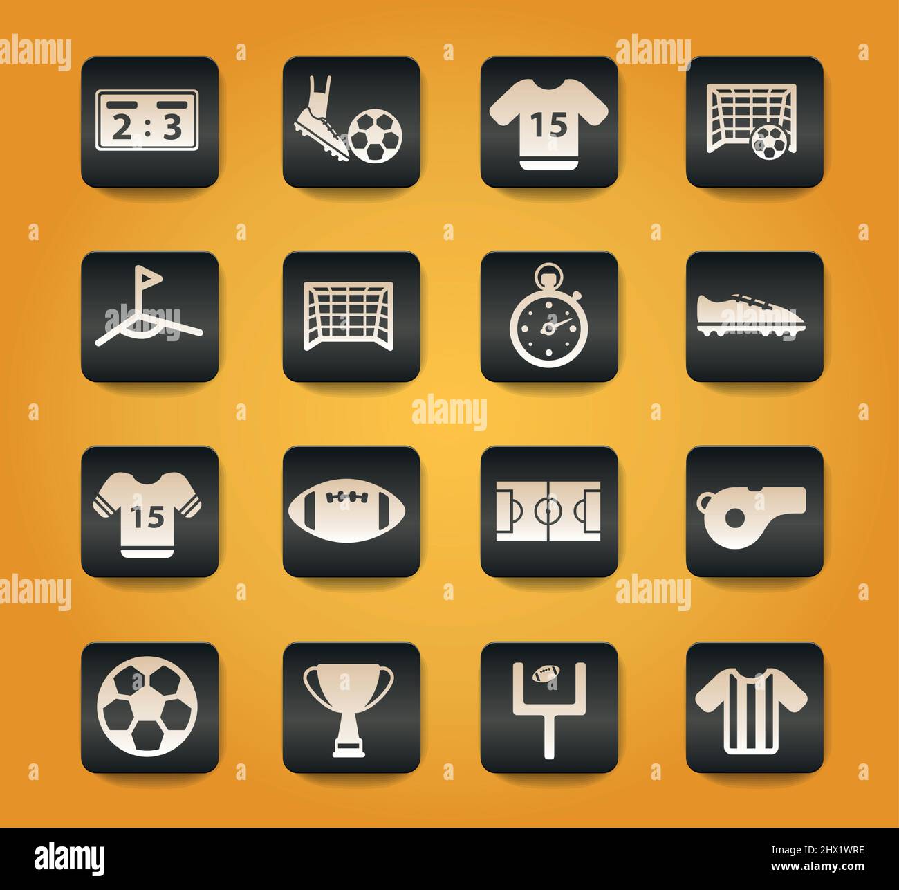 Football symbols on black buttons on yellow background Stock Vector ...