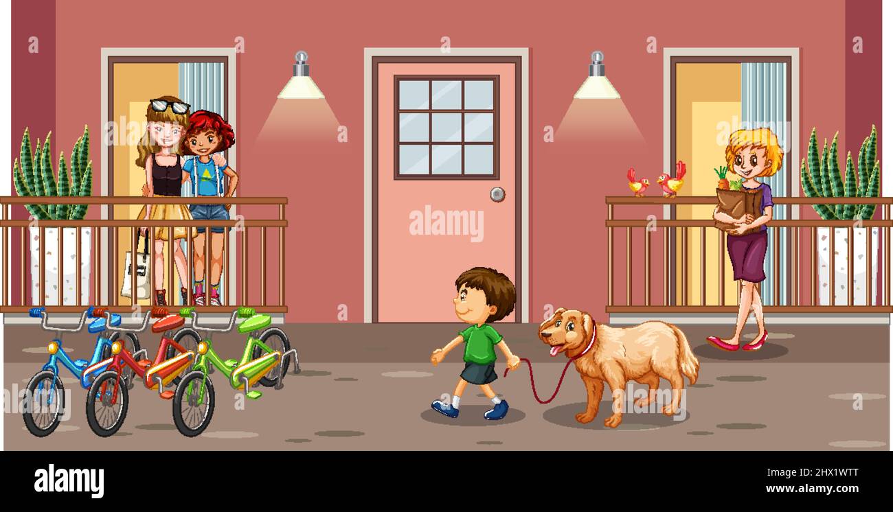 Outdoor scene with people in cartoon style illustration Stock Vector ...