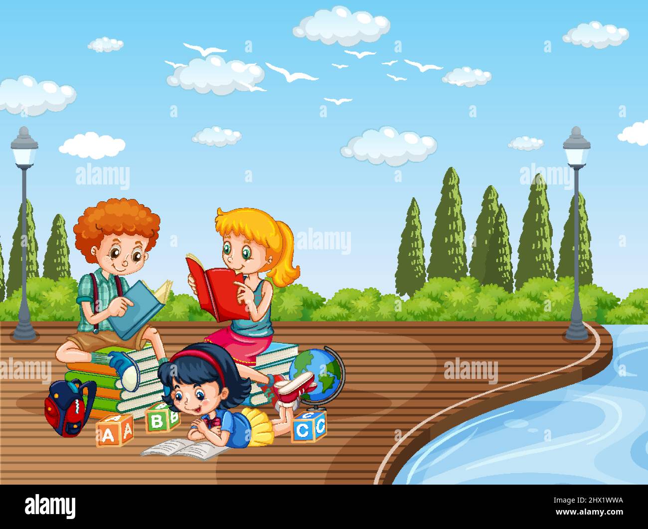 Children reading books in park background illustration Stock Vector ...