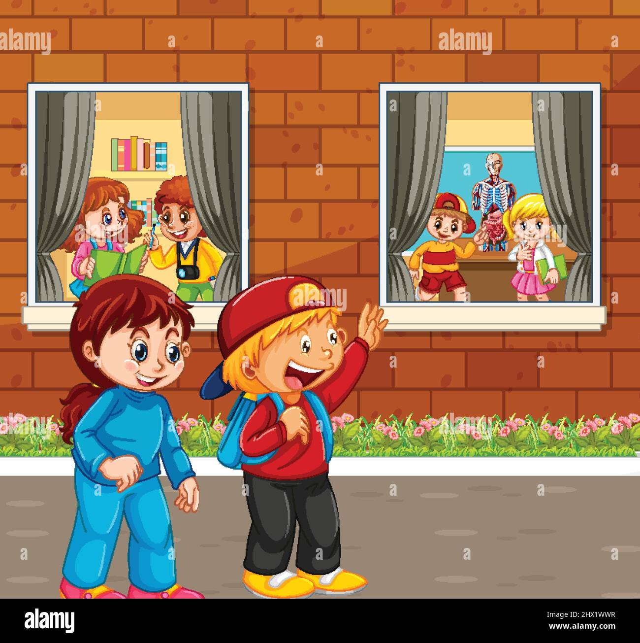 Outdoor scene with people in cartoon style illustration Stock Vector ...