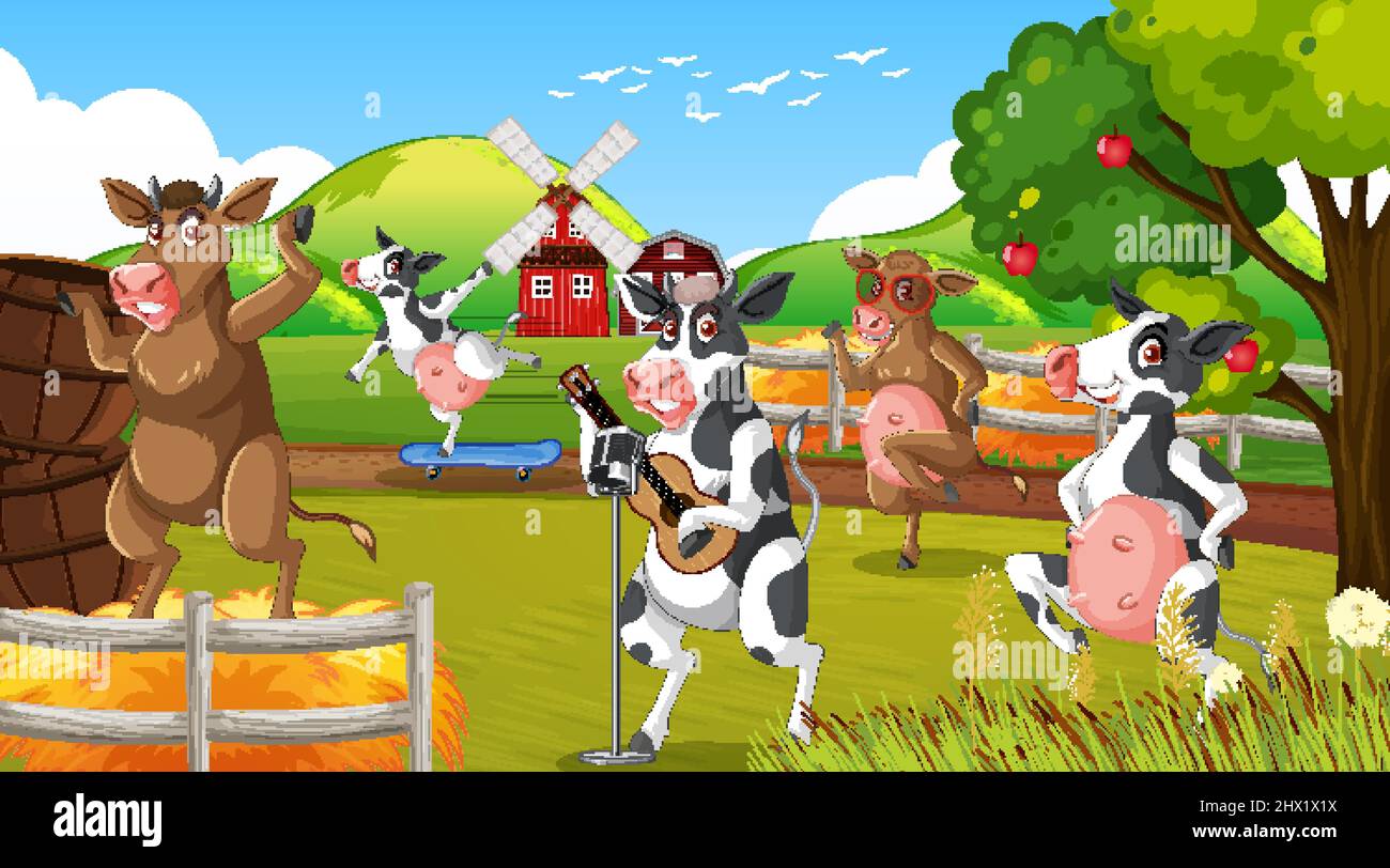 Scene with farm animal on the farm illustration Stock Vector Image ...