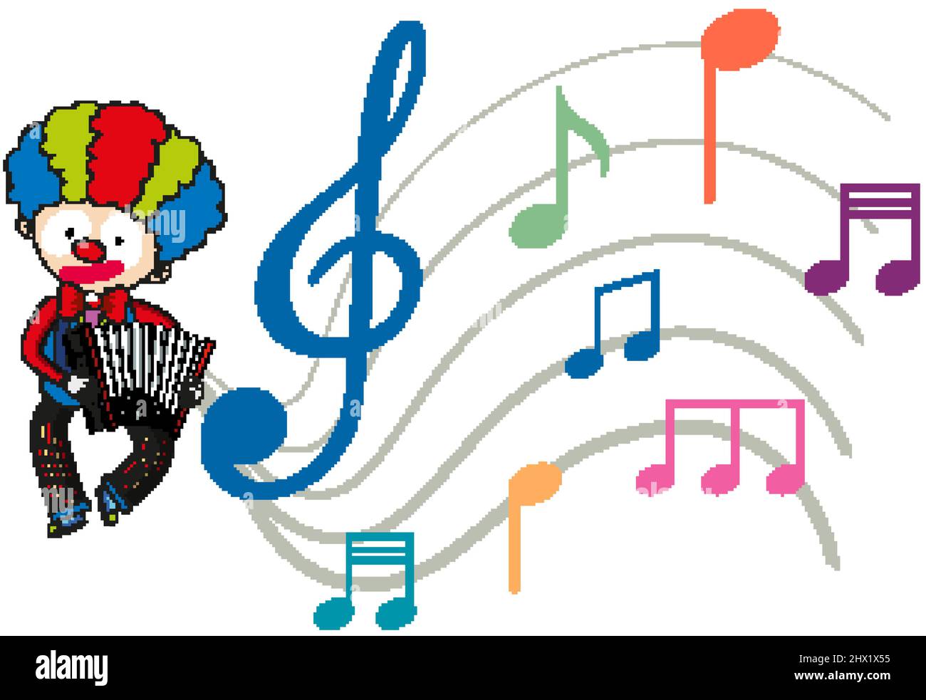 Clown playing accrodion with music notes on white background ...