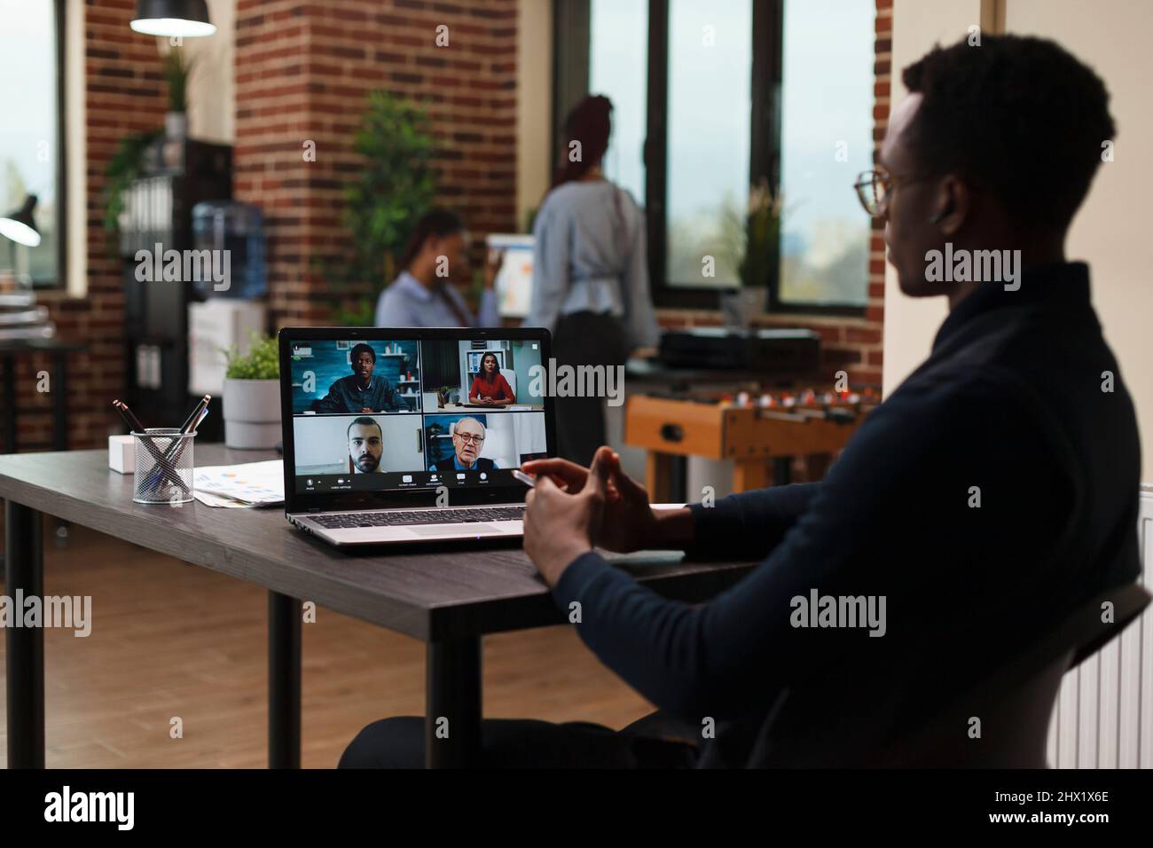 Business company employee in remote conference videocall with executive ...