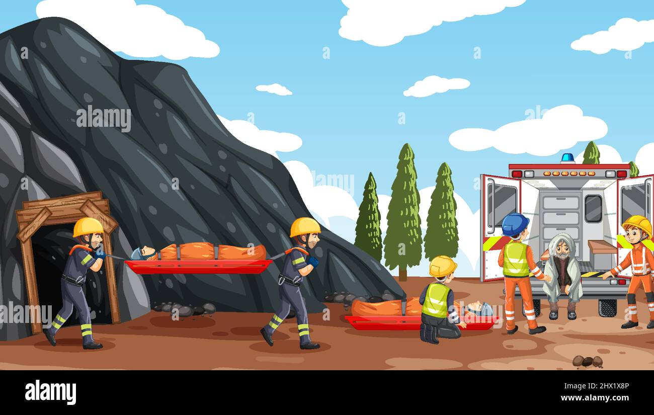 Cave scene with firerman rescue in cartoon style illustration Stock ...