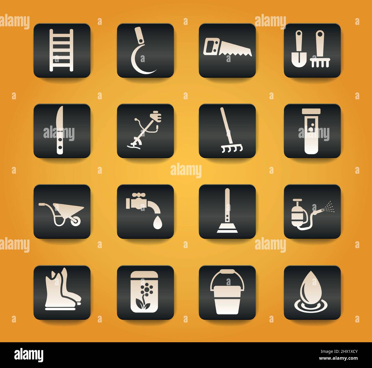 garden tools symbols on black buttons on yellow background Stock Vector ...