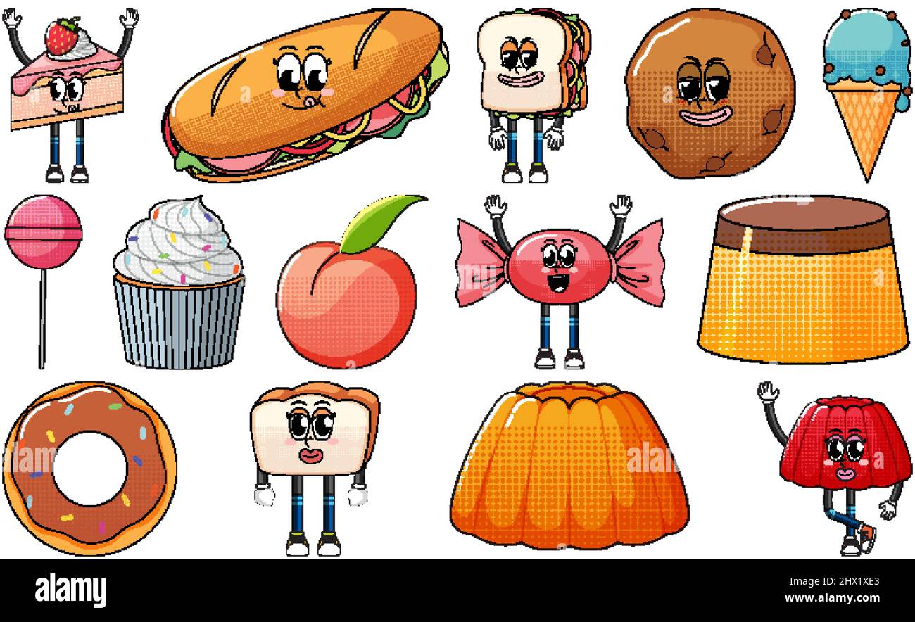 Set of facial expression with vintage style food cartoon on white ...