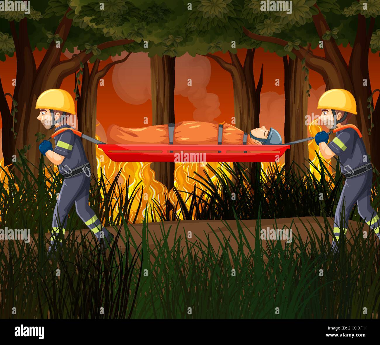 Wildfire scene with firerman rescue in cartoon style illustration Stock ...