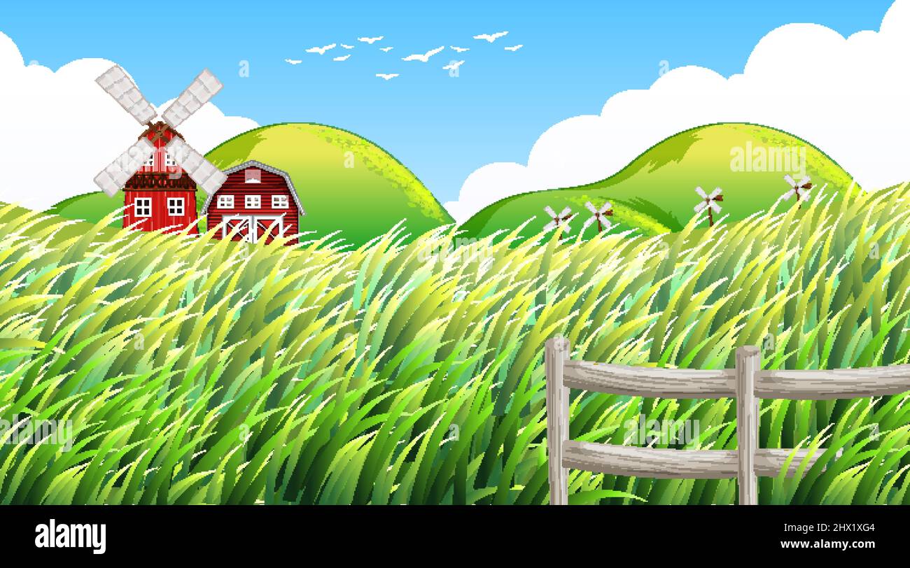 Farm scene with windmill and barn illustration Stock Vector Image & Art ...