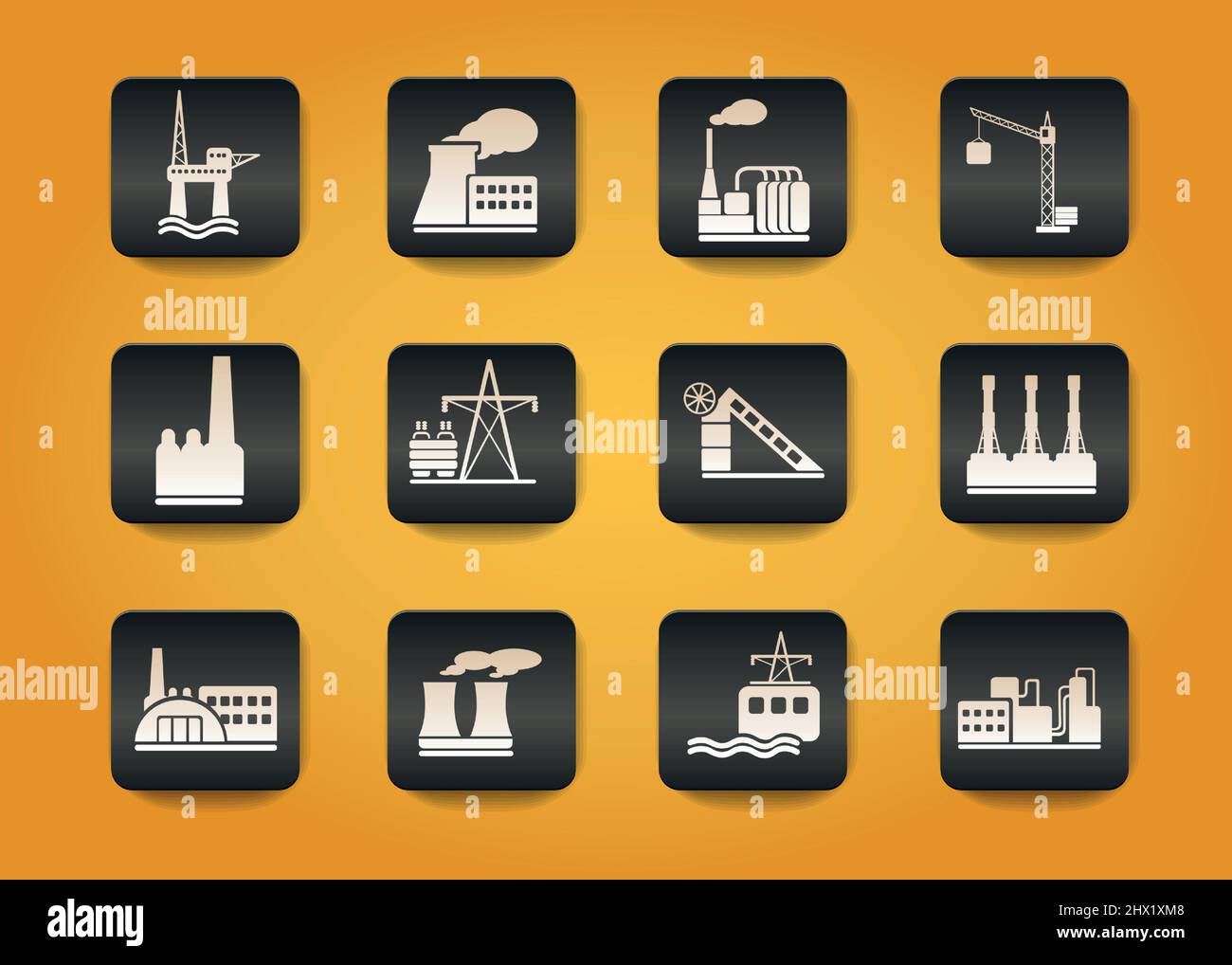 Factory and Industry symbols on black buttons on yellow background ...