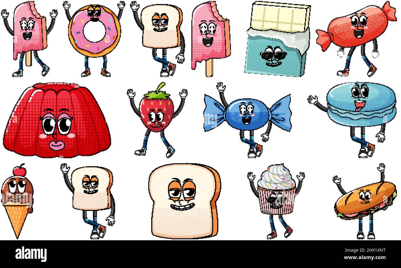 Set of facial expression with vintage style food cartoon on white ...