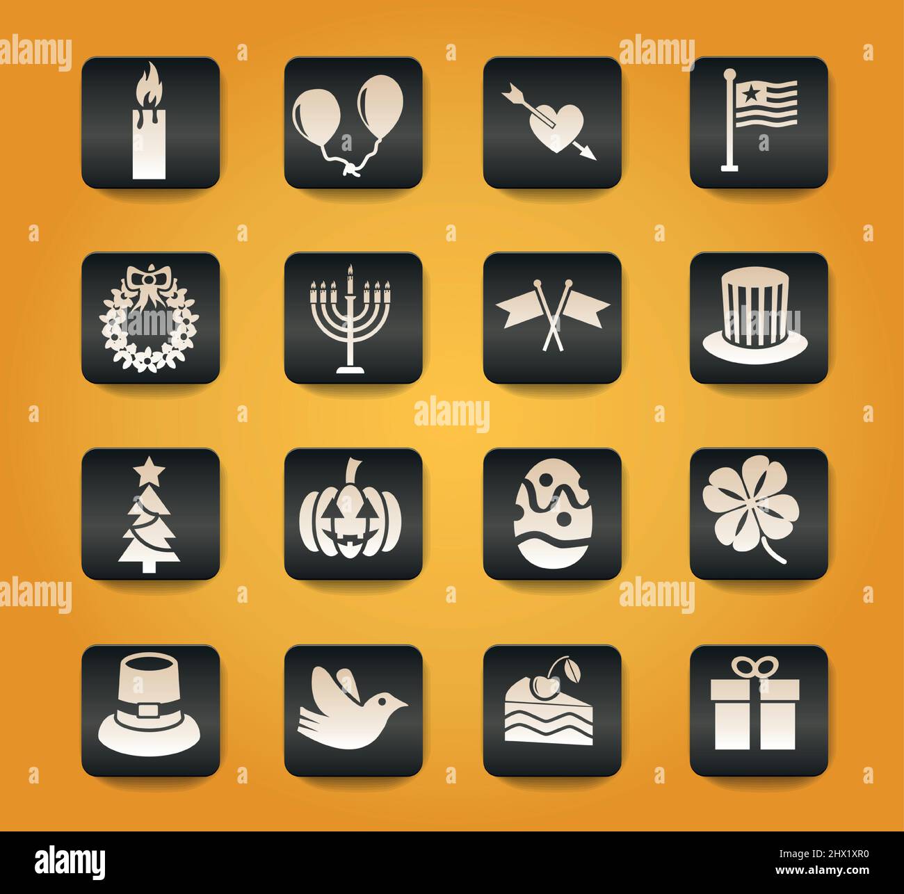 Holidays symbols on black buttons on yellow background Stock Vector ...