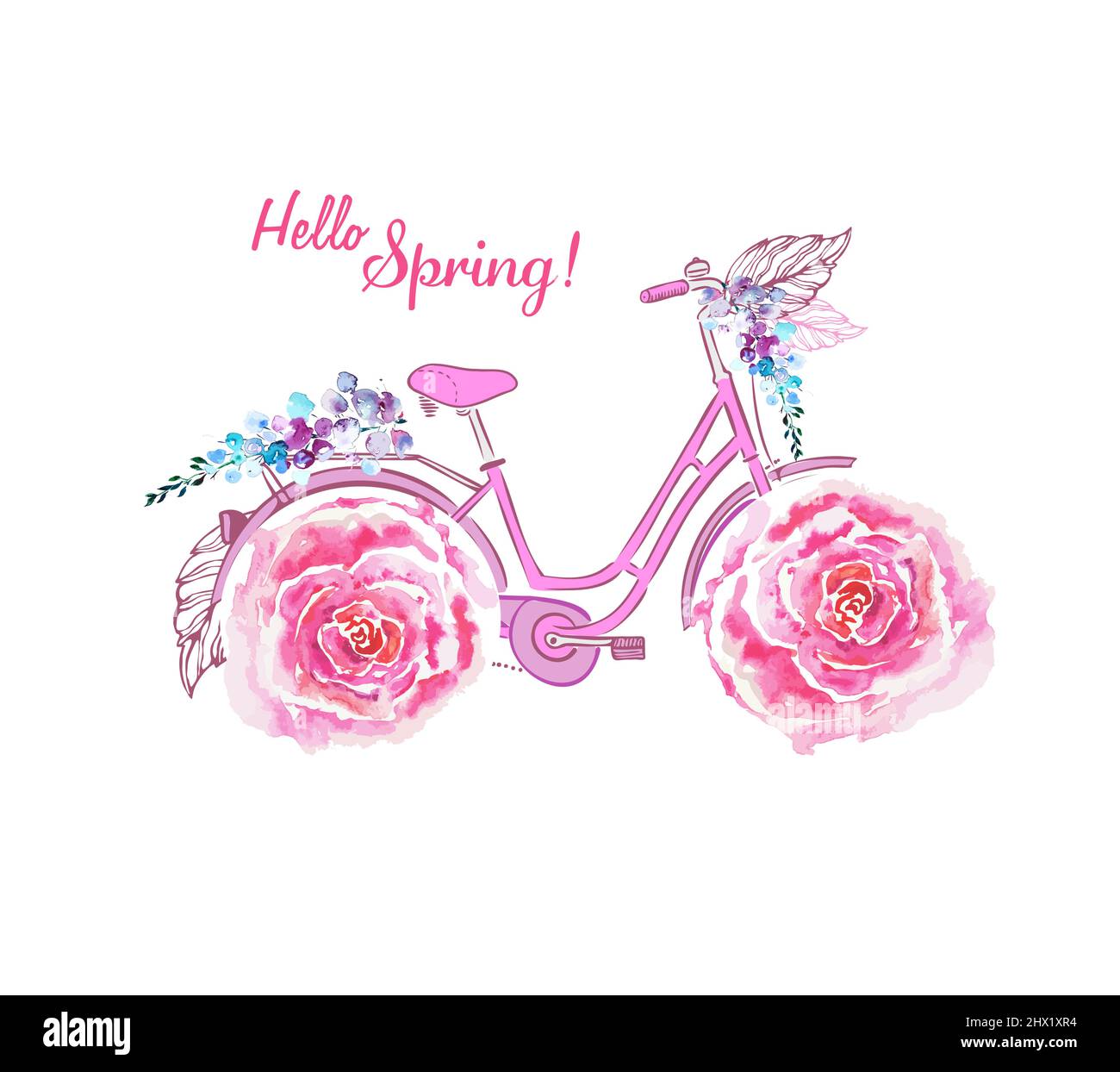 Hand drawing print design. Bicycle with flowers wheels. Hello Spring ...