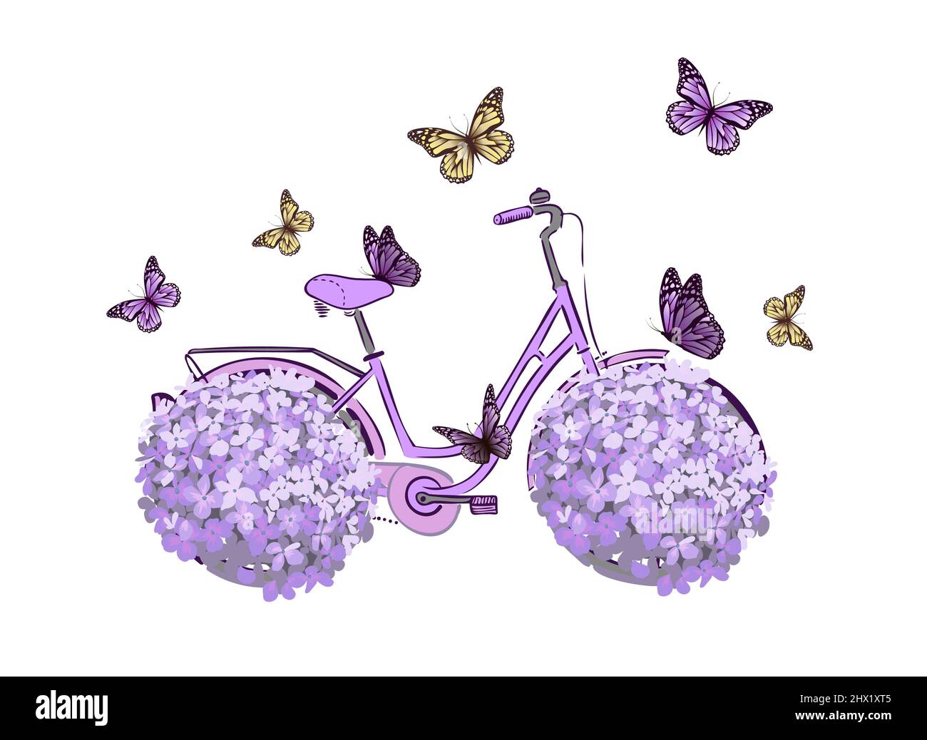 Hand drawing print design. Bicycle with flowers wheels. Hello Spring ...