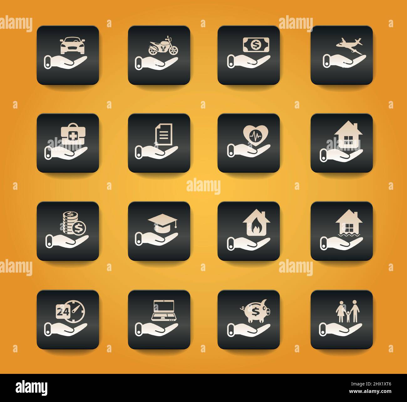 insurance vector symbols on black buttons on yellow background Stock ...