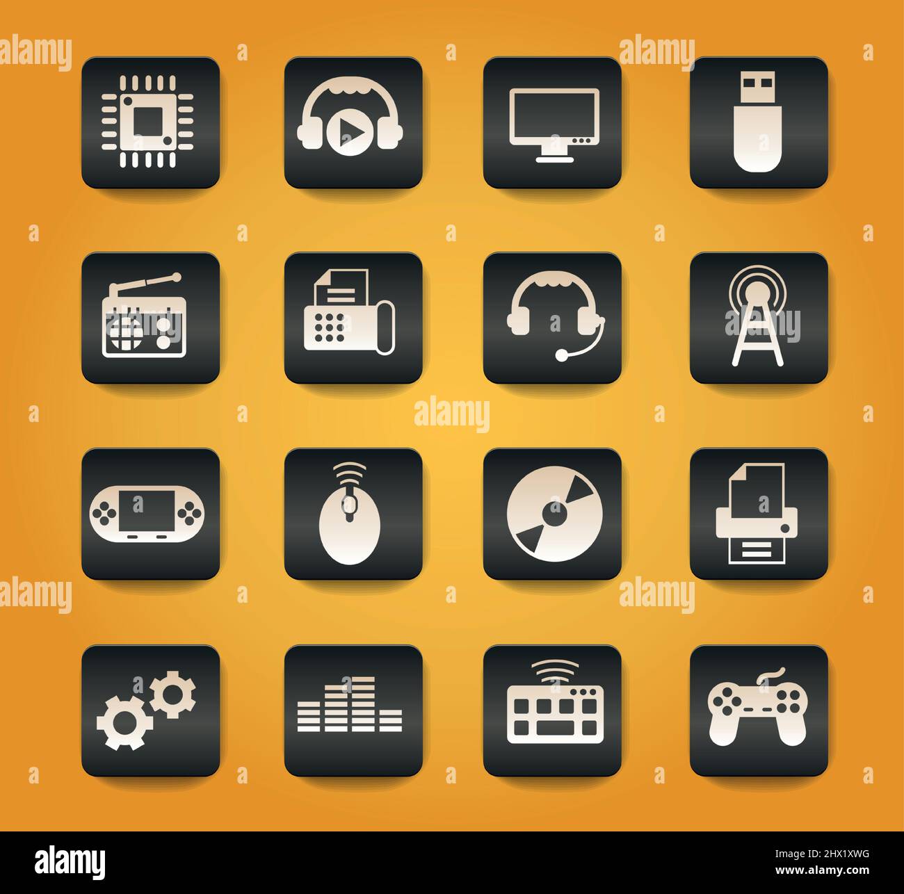 hi tech symbols on black buttons on yellow background Stock Vector ...