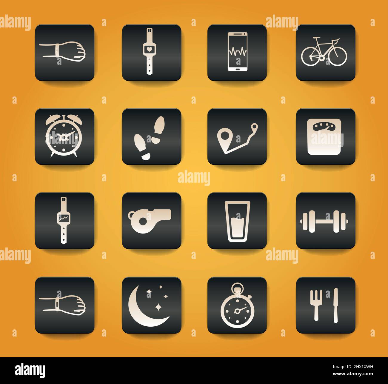 Jogging and workout symbols on black buttons on yellow background Stock ...