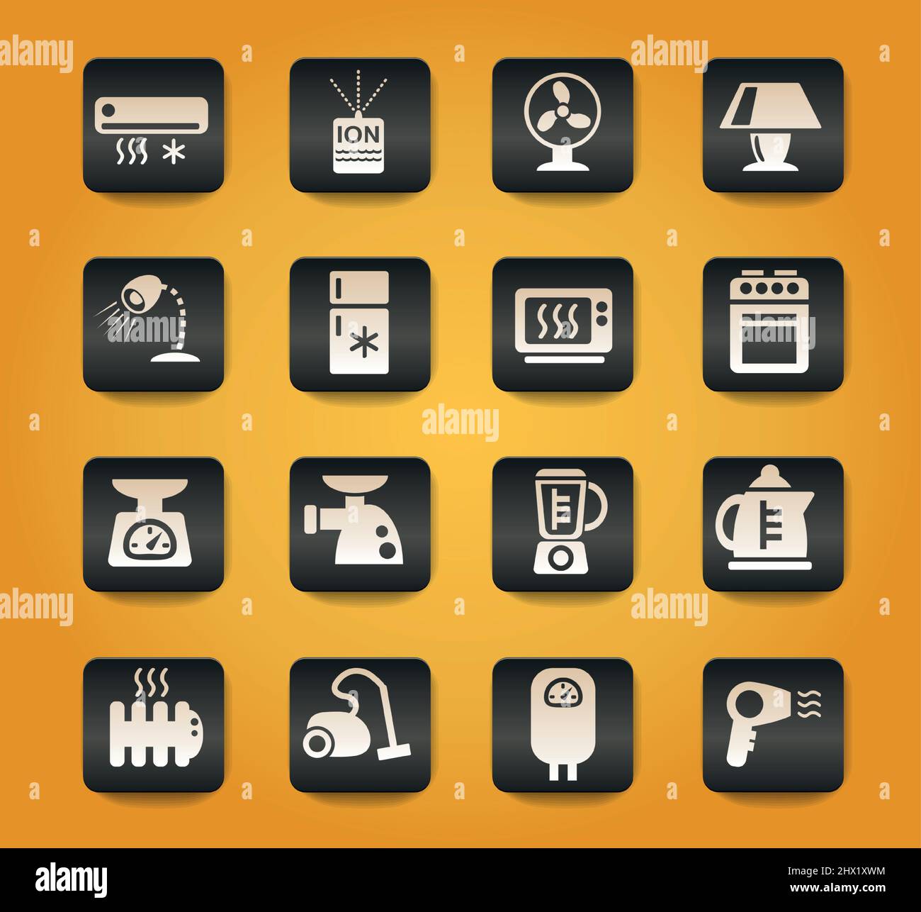 home appliances symbols on black buttons on yellow background Stock ...