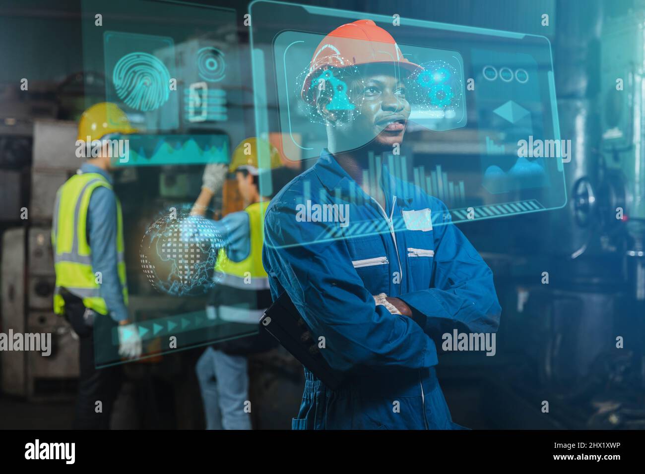 technology industrial African worker, electrical engineer looking and ...