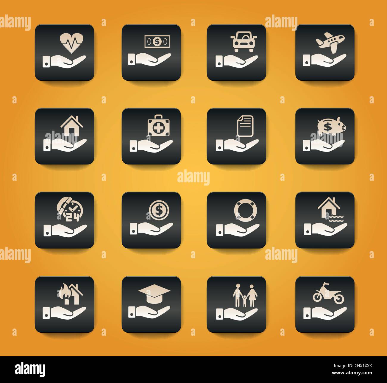 insurance hand symbols on black buttons on yellow background Stock ...