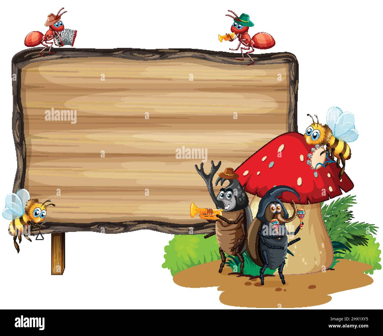 Isolated wooden banner with cute insect in nature illustration Stock ...