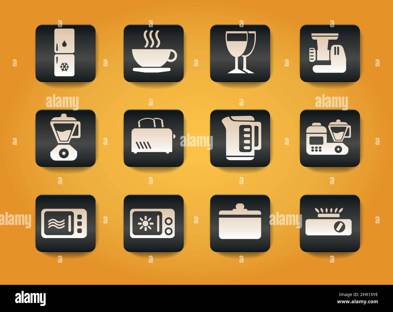 Kitchen Utensils symbols on black buttons on yellow background Stock ...