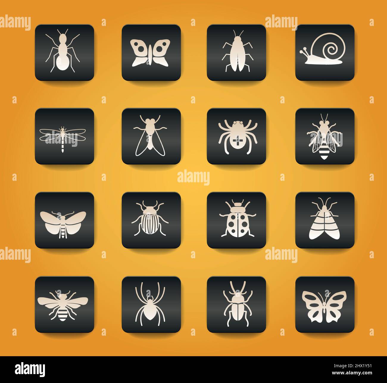 insects symbols on black buttons on yellow background Stock Vector ...