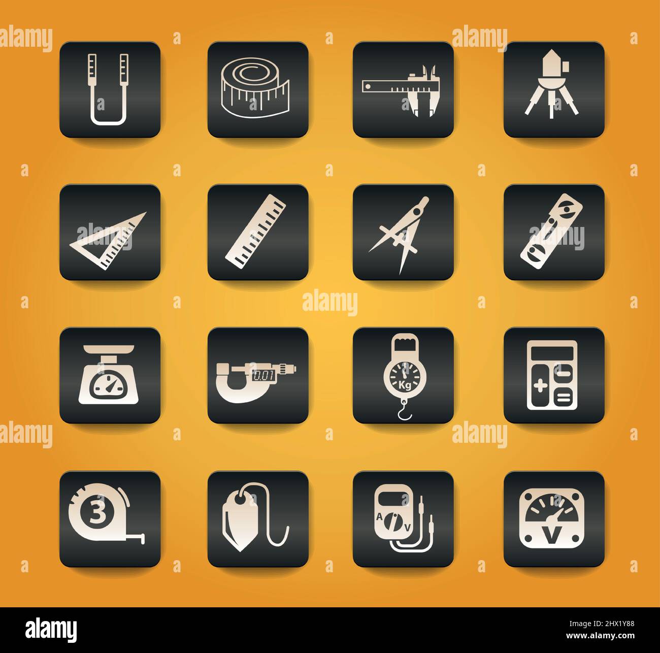 measuring tools symbols on black buttons on yellow background Stock ...