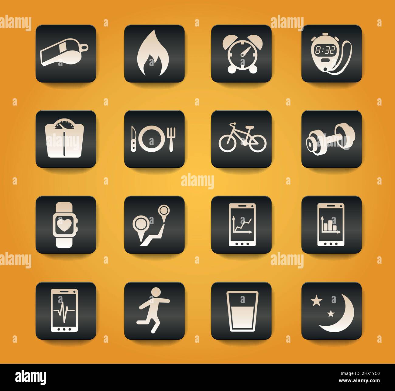 monitoring apps symbols on black buttons on yellow background Stock ...