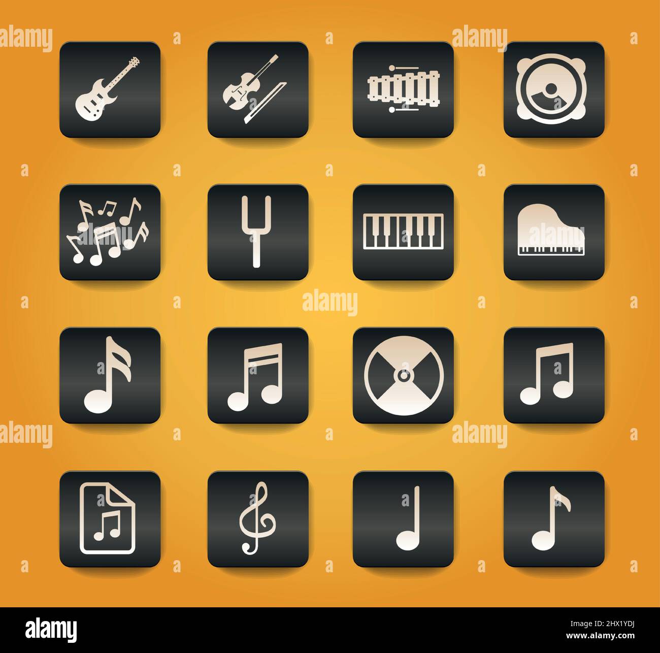 Music symbols on black buttons on yellow background Stock Vector Image ...