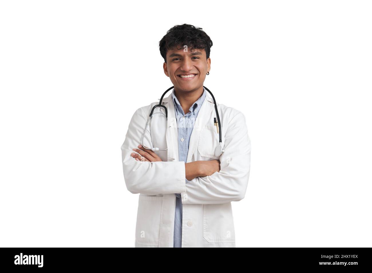 Portrait of young peruvian male doctor smiling and looking at camera ...