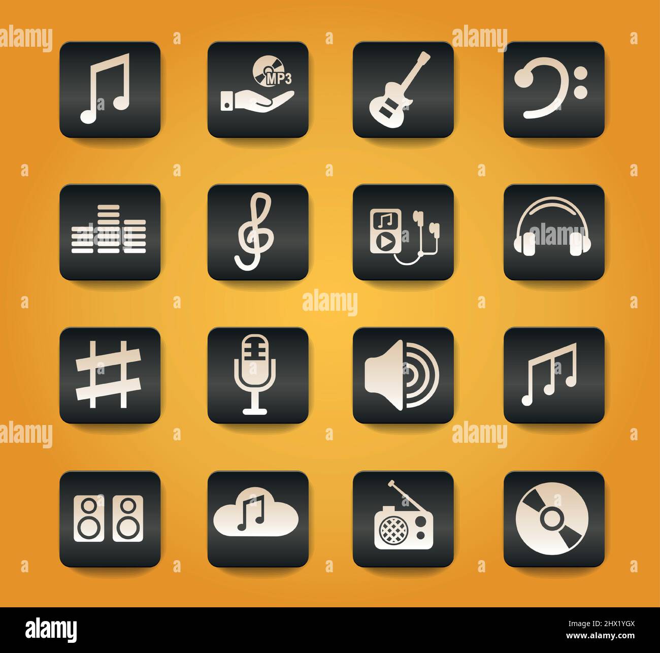 music symbols on black buttons on yellow background Stock Vector Image ...