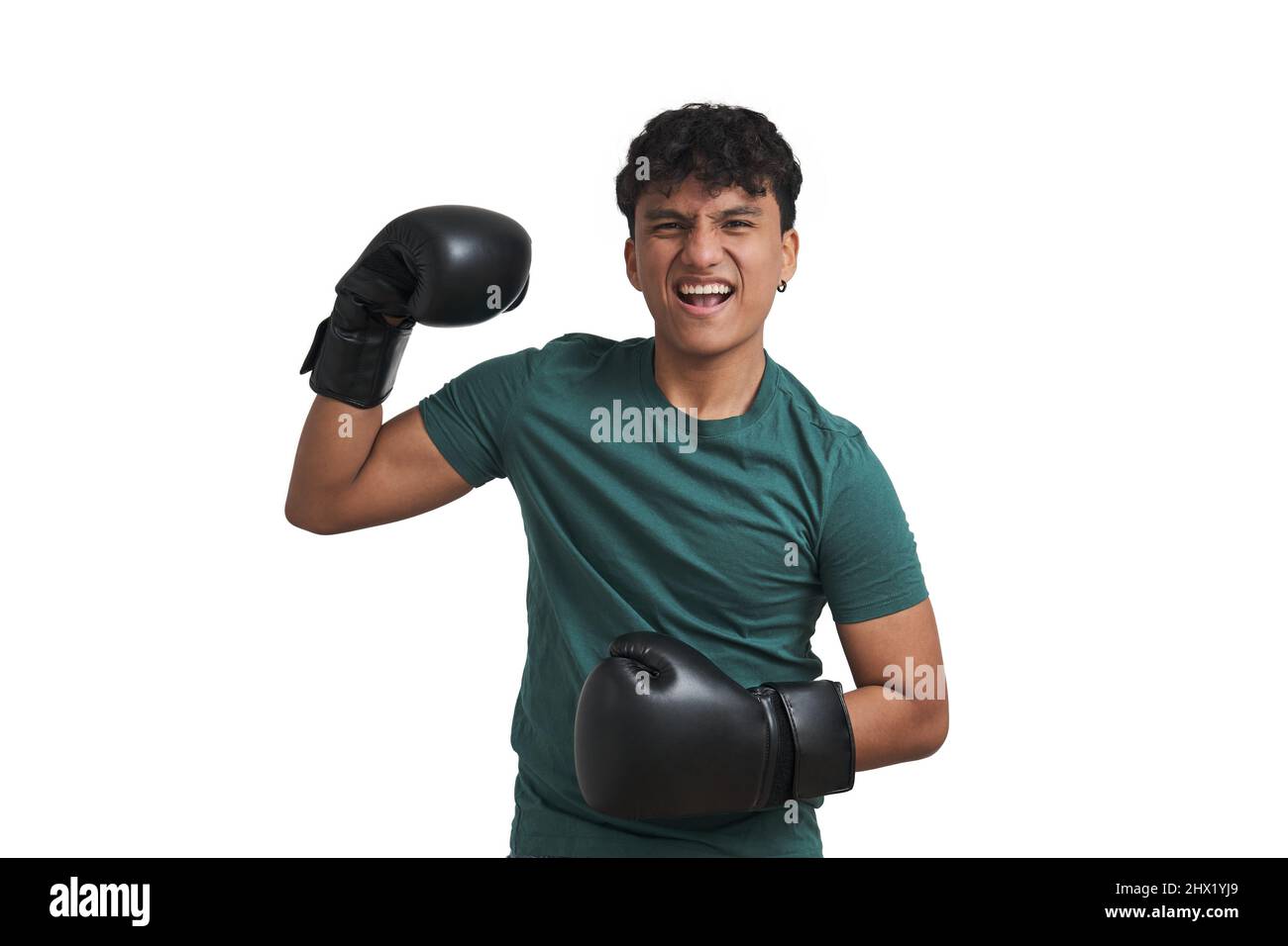 Young peruvian boxer doing a battle cry, isolated Stock Photo - Alamy