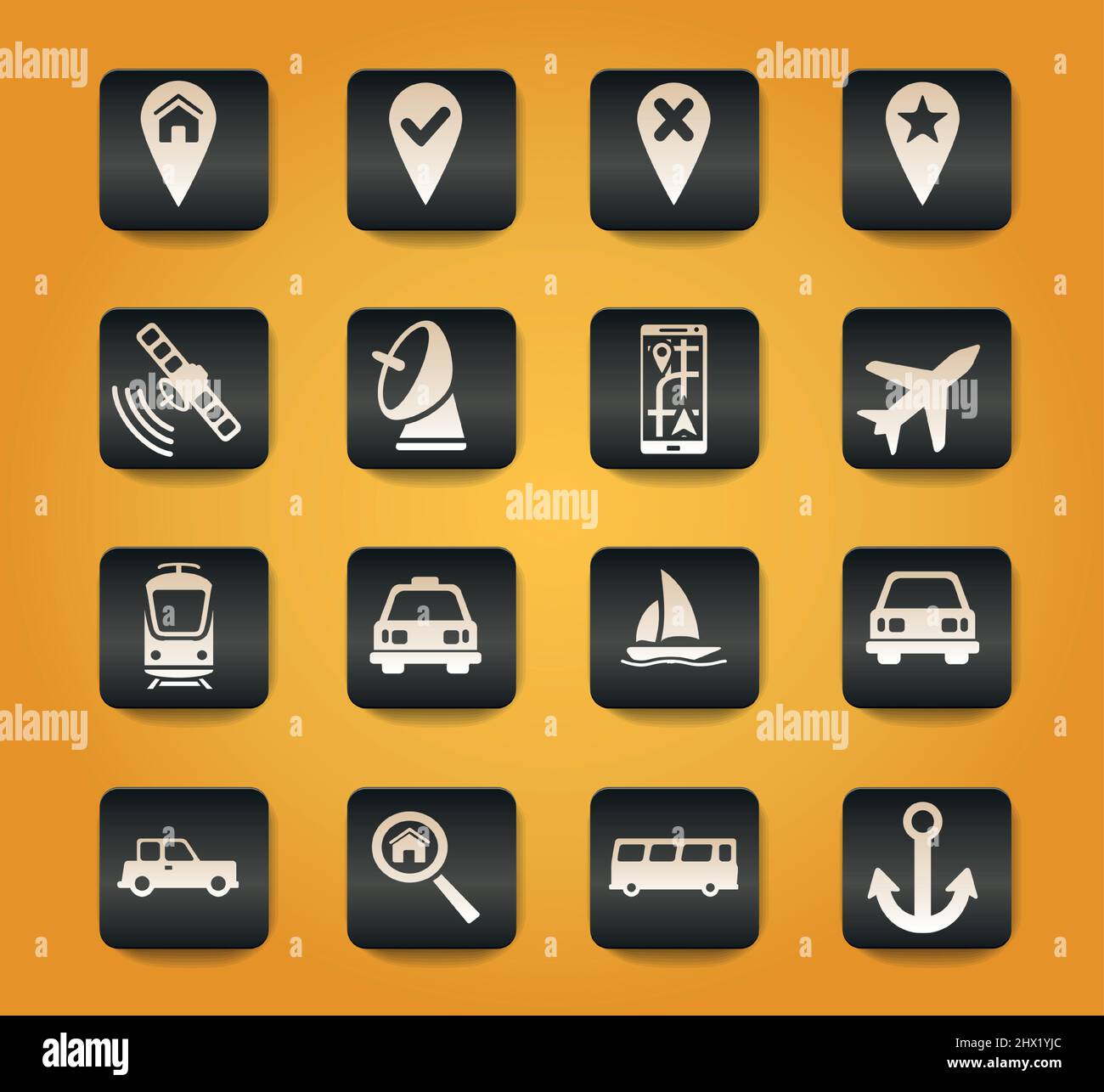 Navigation symbols on black buttons on yellow background Stock Vector ...