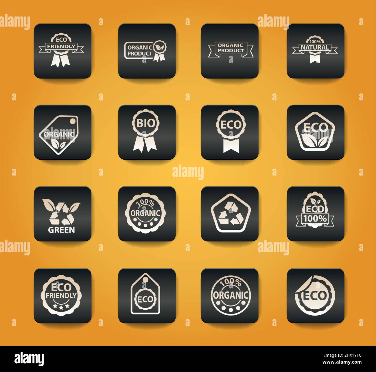 eco label symbols on black buttons on yellow background Stock Vector ...