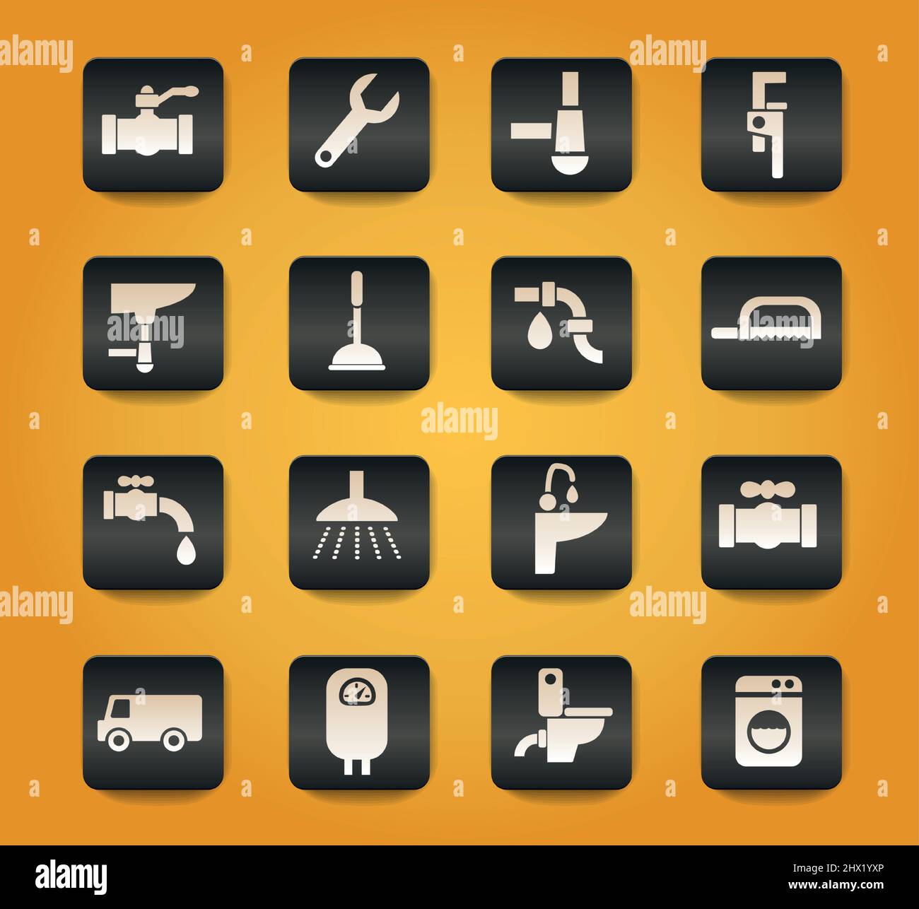 plumbing service symbols on black buttons on yellow background Stock ...