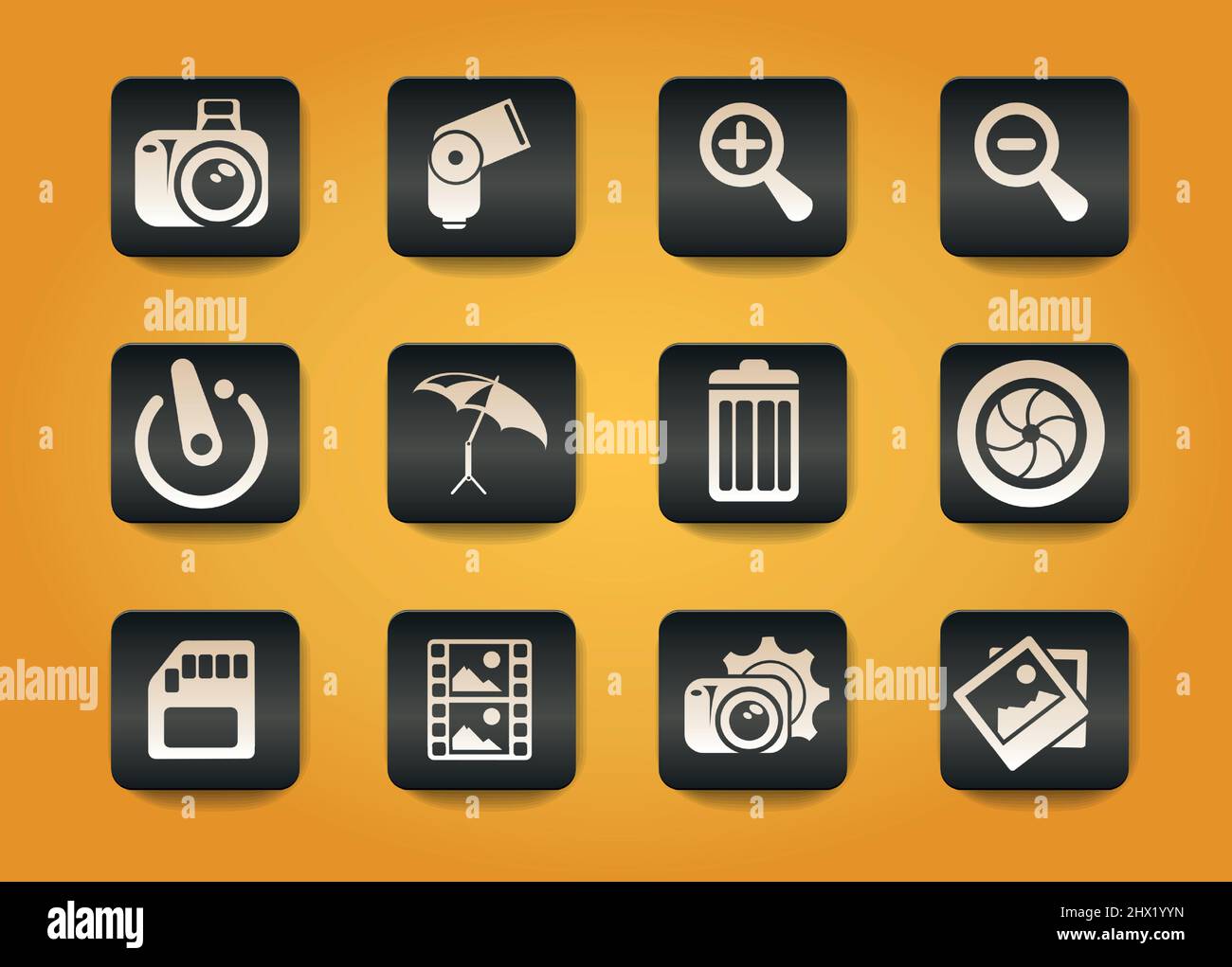 Photography symbols on black buttons on yellow background Stock Vector ...